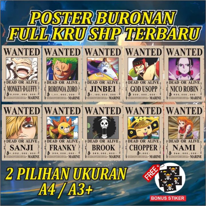 Poster Buronan MUGIWARA - WANTED ONE PIECE A3+/ A4 FULL Crew Straw Hat ...