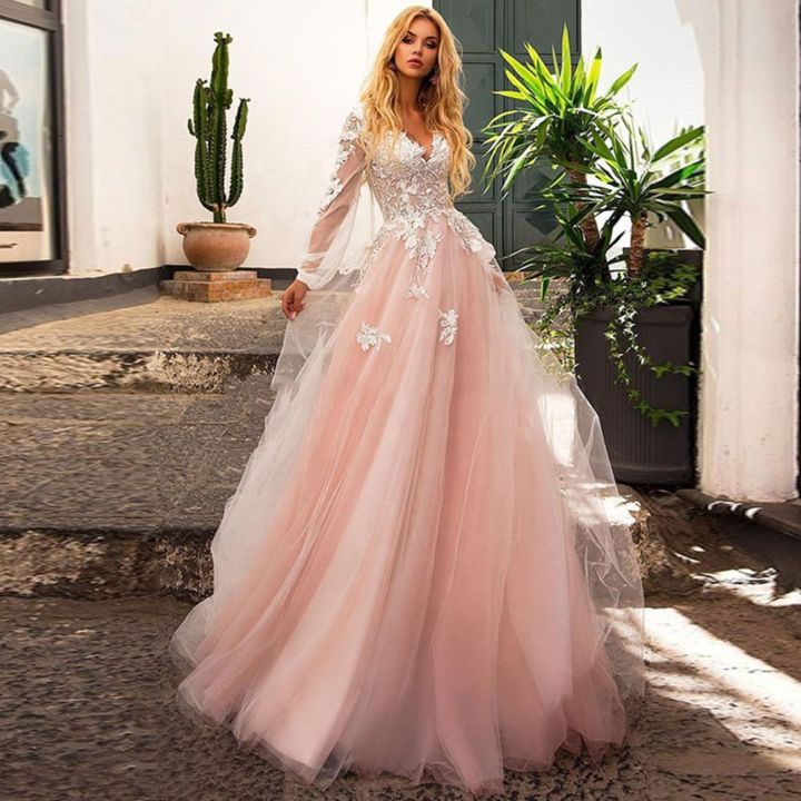 Gaun pengantin - VLLUSISA Illusion Long Sleeve Pink Wedding Gowns ...