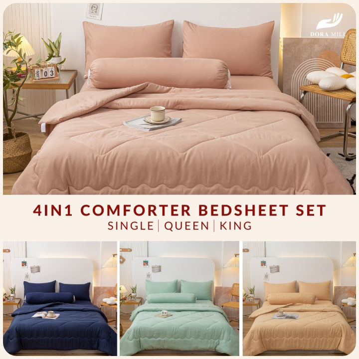 DORAMILL 12 Plain Colour 7-in-1 Bedsheet Set with Hotel Comforter ...