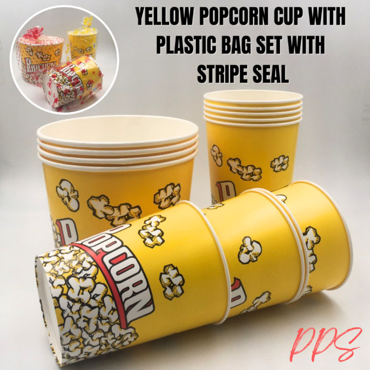 20pcs - Popcorn Bucket Cup Printed Design with Plastic Bag with Stripe ...