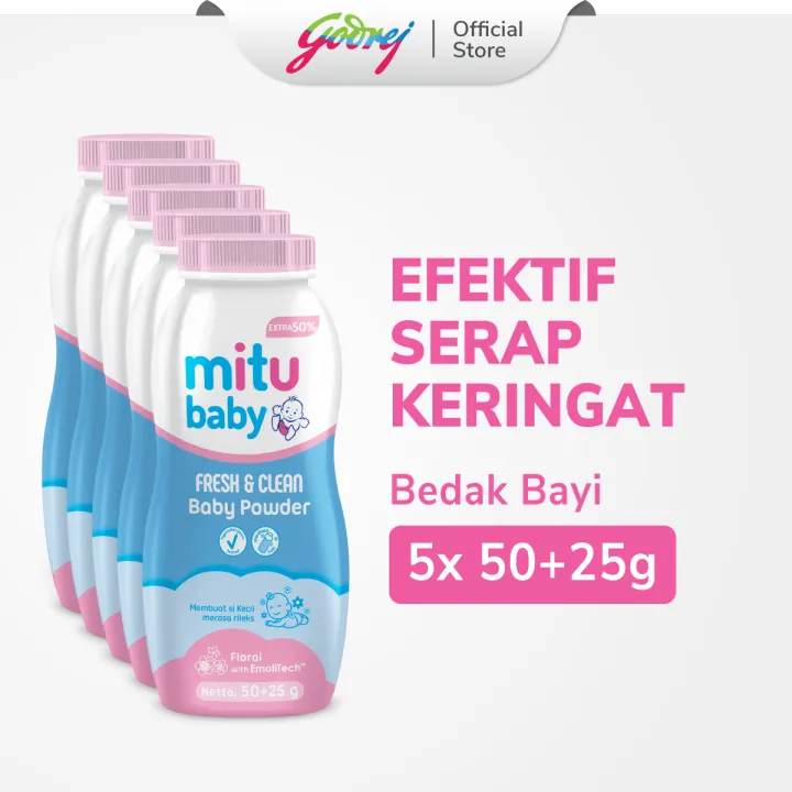 [Paket isi 5] Mitu Baby Powder Fresh & Clean Botol 50gr Extra 50% Mitu ...