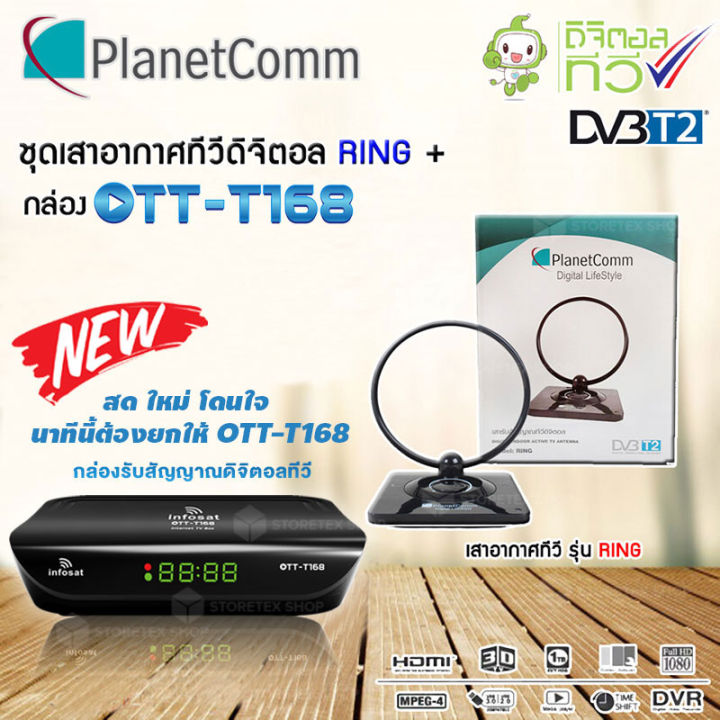 กล่องดิจิตอลทีวี Infosat รุ่น OTT-168 + PlanetComm รุ่น Ring เสาอากาศภายใน มีสายในตัว 1.20เมตร ...