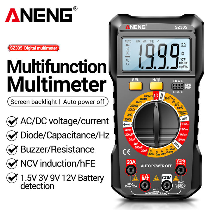 ANENG SZ305 Digital Multimeter Auto Range 750V 10A 1999 Counts DC/AC ...