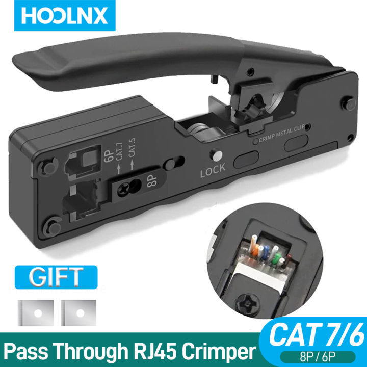 Hoolnx Rj45 Crimping Tool Pass Through Network Crimp Pliers For Rj45 Connector Cat7 Cat6a Cat6