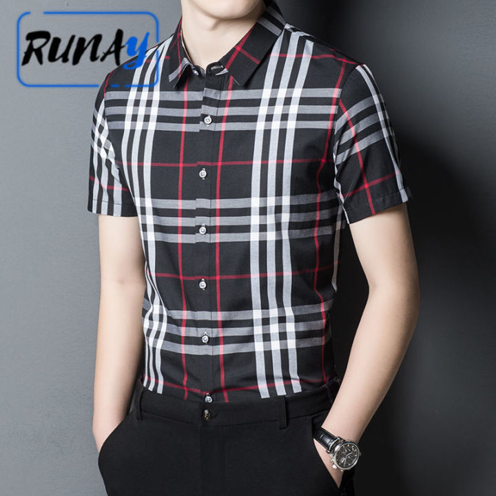 RUNAY เสื้อผู้ชายแขนสั้นลายตารางหมากรุกเสื้อเชิ้ตลำลองธุรกิจแขนสั้น ...