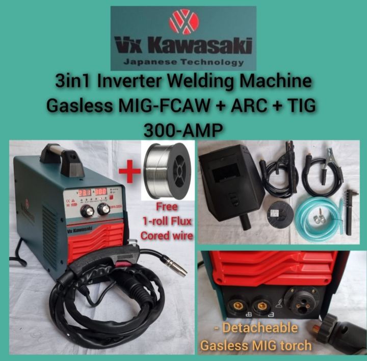 Vx KAWASAKI Original 3in1 Inverter Welding Machine GASLESS MIG-FCAW+ARC+TIG 300-Amp with Flux ...