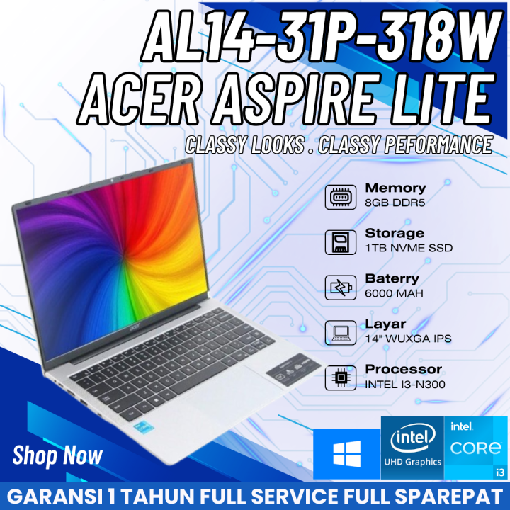 ACER LAPTOP ASPIRE LITE AL14-31P-318W 14" WUXGA IPS CORE I3-N300 RAM ...