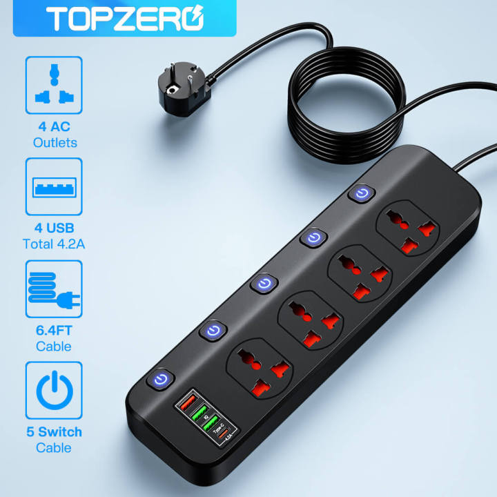 TOPZERO ปลั๊กไฟ2500W พร้อมพอร์ตชาร์จ USB A 3พอร์ตและพอร์ตชาร์จ USB C 1 ...