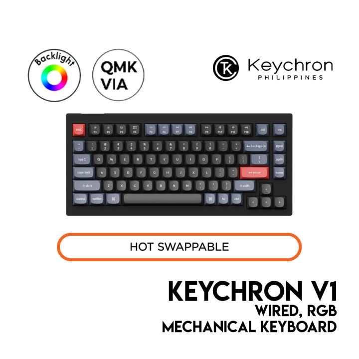 Keychron V1 QMK Mechanical Keyboard, Carbon Black, 75%, Wired, RGB, Hot ...