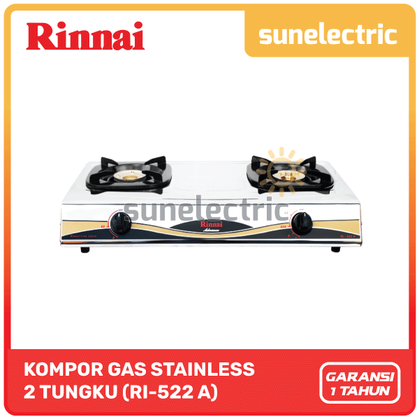 Rinnai RI-522 A Kompor Gas Stainless 2 Tungku RI-522A / RI 522A / RI ...