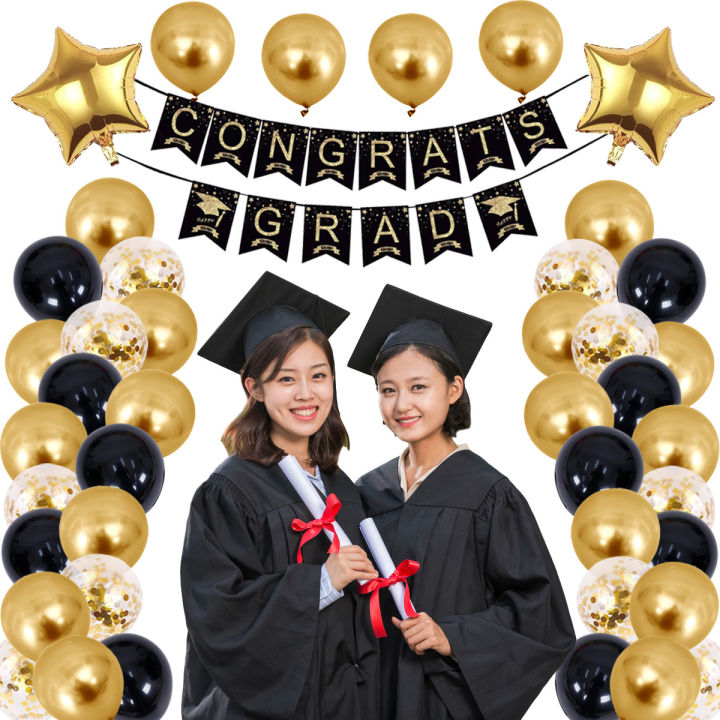 Black Gold Happy Graduation Balloons Set Congrats Grad Banner School ...