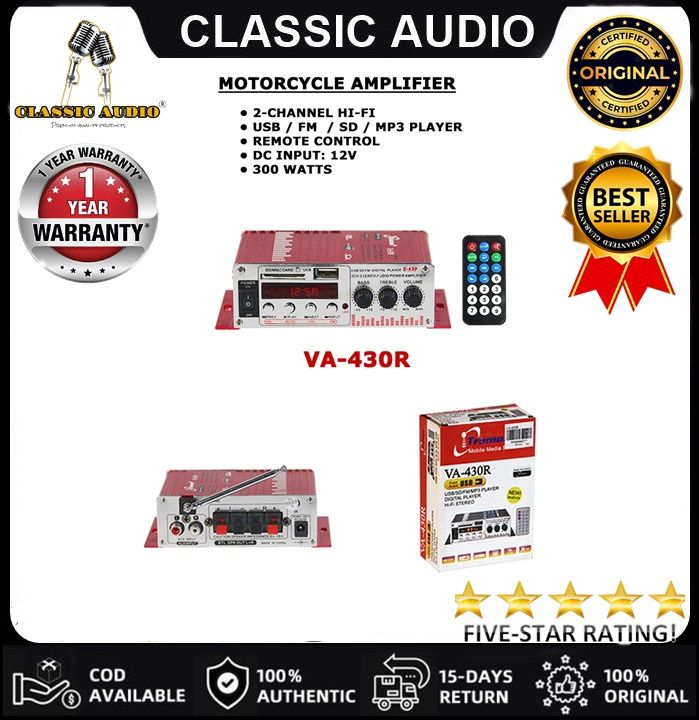 MOTORCYCLE AMPLIFIER CLASSIC AUDIO USB BLUETOOTH VA-430R 2 CHANNEL HIFI ...