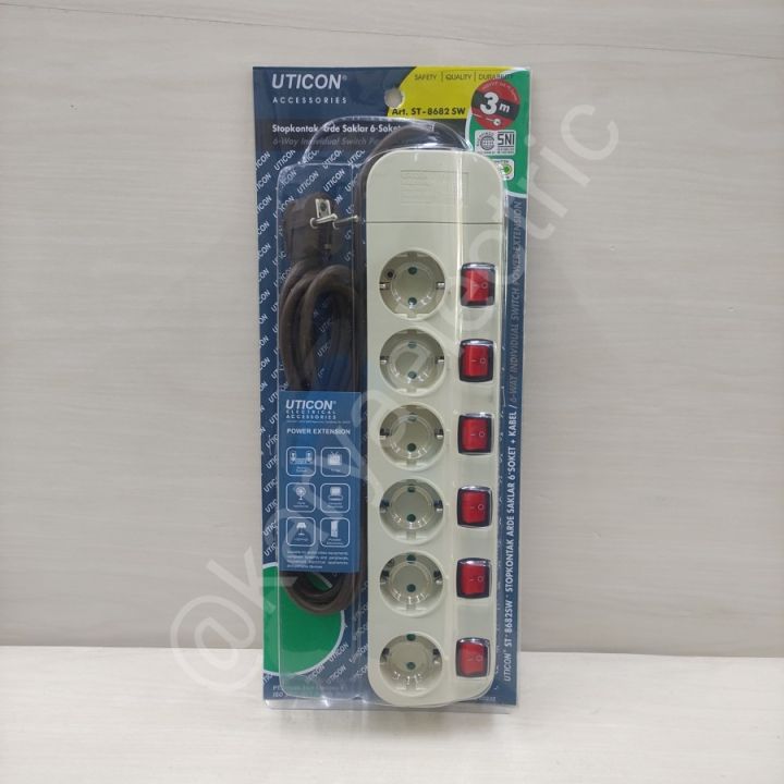 STOP KONTAK UTICON 6 LUBANG SAKLAR KABEL 3 METER UTICON ST-8682 SW ...