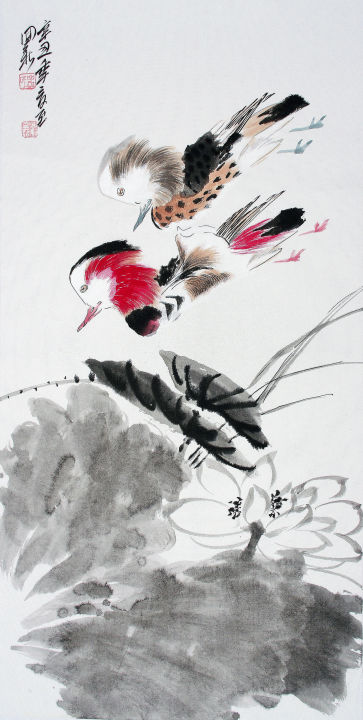 Traditional Chinese Painting Lotus Flowers with Mandarin Ducks (国画 秋江双禽 ...