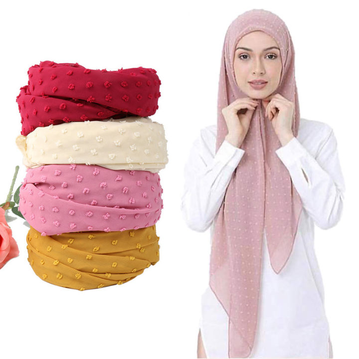 Jifang Women Plain Flocking Pom Chiffon Malaysia Muslim Hijabs Shawls ...
