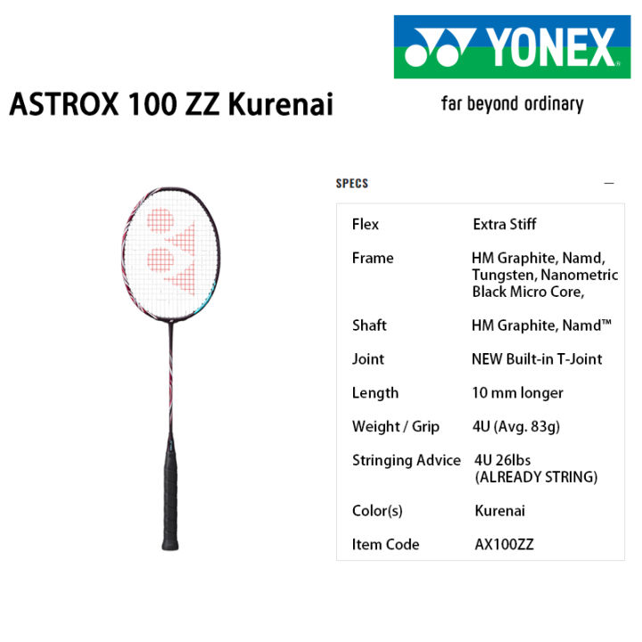 YONEX ASTROX 100ZZ Kurenai Badminton Racket Full Carbon Single 4U 26Lbs 83g Made In Japan ...