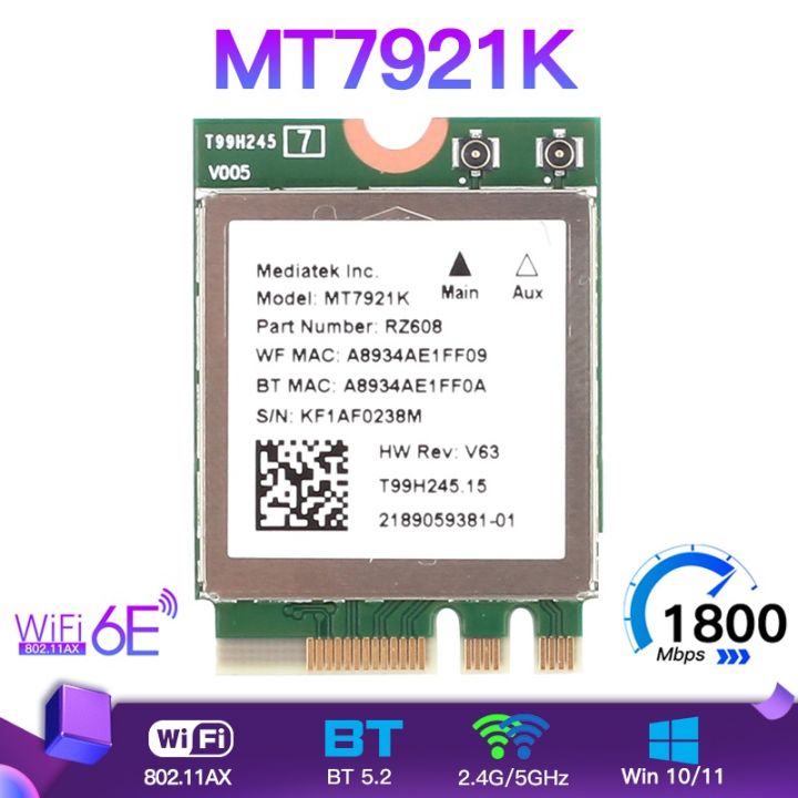 Wi-Fi 6E MediaTek MT7921k Tri Band 1800Mbps 2.4G/5G/6G Bluetooth 5.2 ...