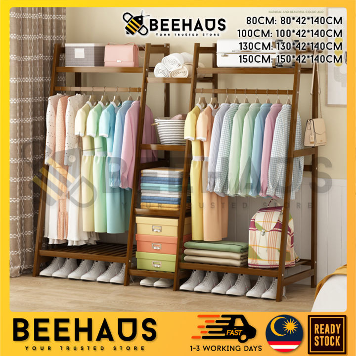 BEEHAUS Wooden Clothes Rack with Hook Hanger | Wardrobe Coat Rack ...