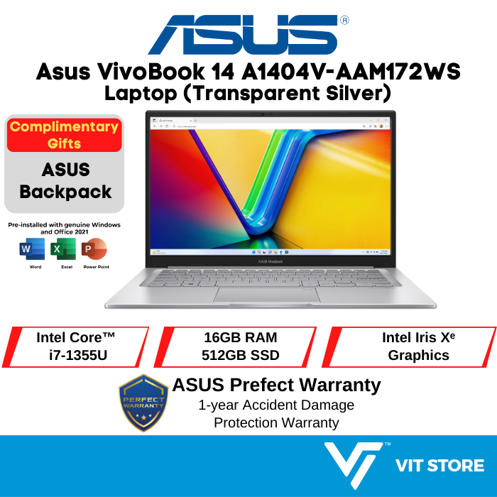 Asus VivoBook 14 A1404V-AAM172WS Laptop (Transparent Silver) Intel i7 ...
