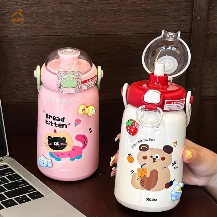 GAOSU ความจุขนาดใหญ่ แก้วเก็บความร้อน หลอดดูดน้ำคู่ การ์ตูน แก้วน้ำ ...