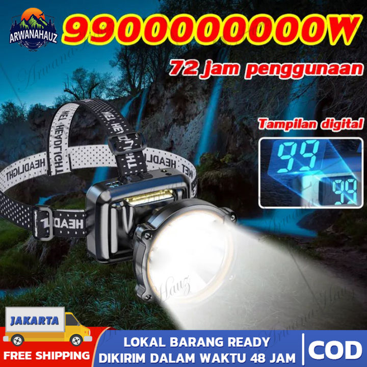 (COD) 300W senter kepala super terang 1865000mah 999 jam tanpa pengisian daya tahan air ...