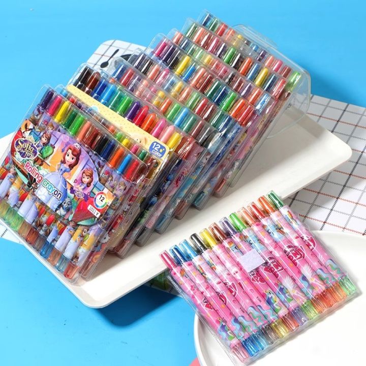 Children Cartoon Rotating Crayon Set 12 Colors Short/Long Student ...