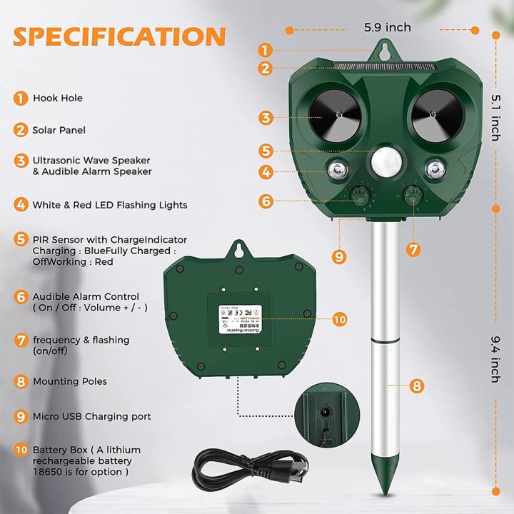 IP66 Ultrasonic Solar Bird Repeller Insect Pest Snake Cat Dog Animal ...