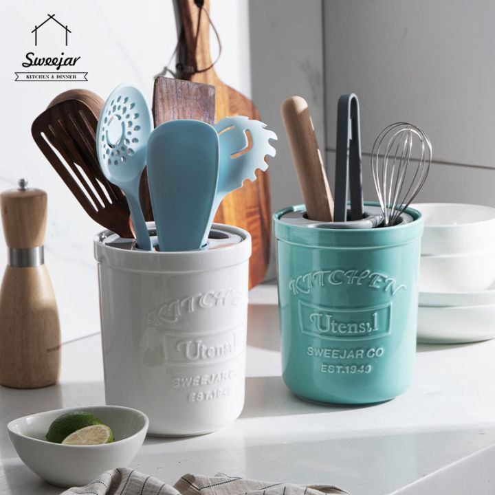 Ceramic Utensil Crock with Detachable Lid Kitchen Storage Crock ...