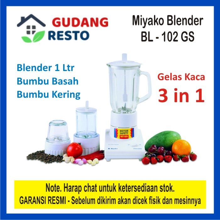 Blender Miyako BL 102 GS Gelas KACA 3 in 1 Dry / Wet Mill Grinder BL102 102GS BUMBU BASAH KERING ...