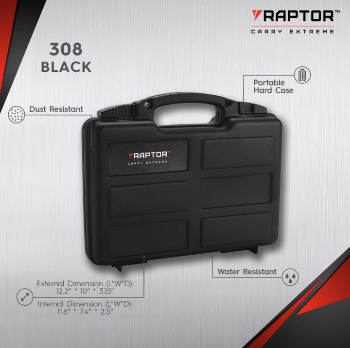 RAPTOR CASE 308 - Black Portable Hand Gun/Pistol Case Water/Dust ...