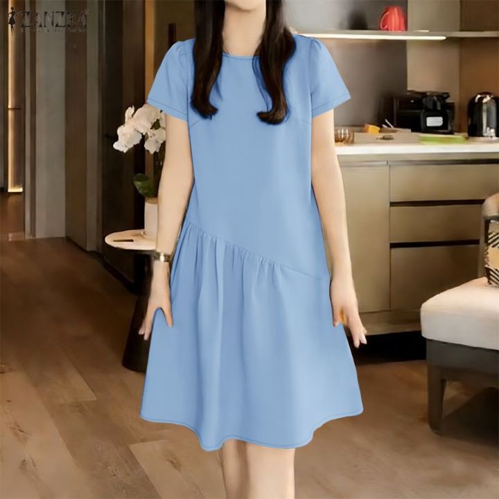ZANZEA Korean Style Women Fashion Short Sleeve Crew Neck Dress Holiday ...