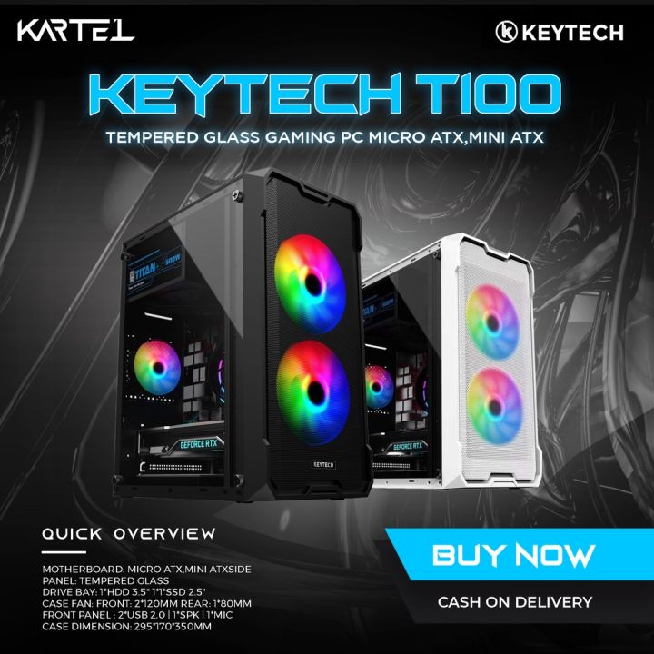 KEYTECH T100 TEMPERED GLASS Side MESH Front panel, Gaming PC Case Black ...