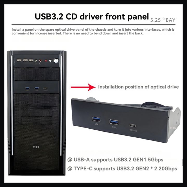 USB Front Panel for PC 2 Port USB 3.2 GEN1 5Gbps + 1 Port TYPE-C 10Gbps ...