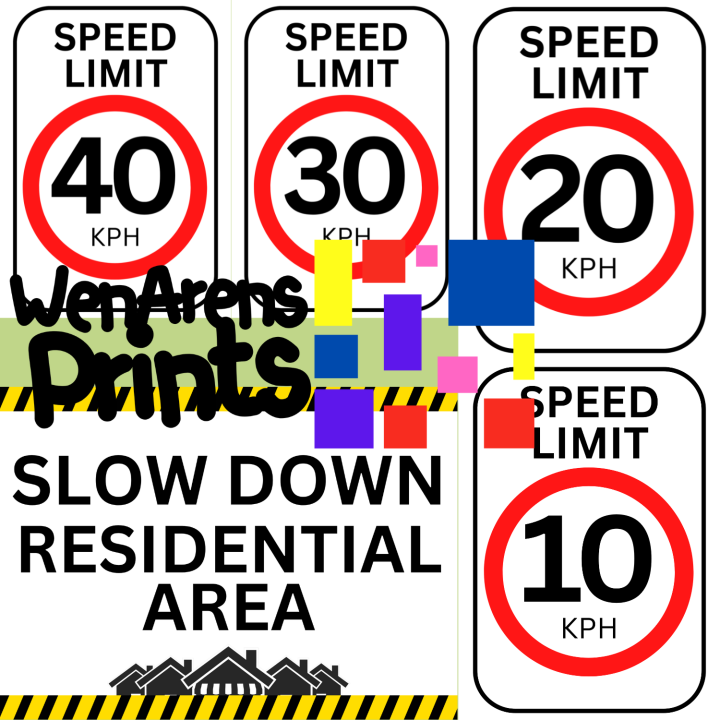40 30 20 10 KPH Speed Limit Slow Down Residential Area A4 Size PVC ...