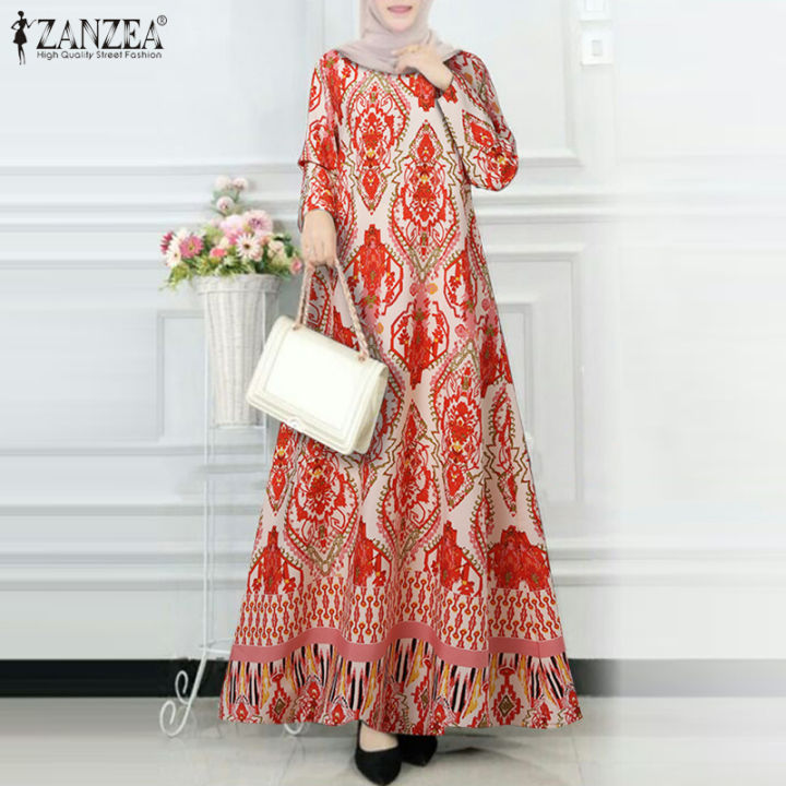 ZANZEA Muslimah Women Muslim Raya Clothes Elegant A-Line Dress Floral ...