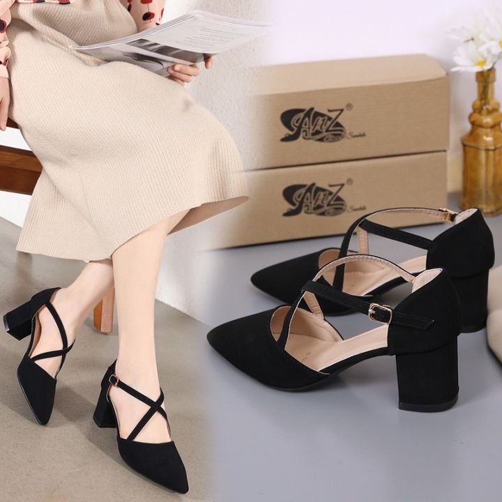 Korean fashion women cross pointed toe sandals office work heels shoes ...