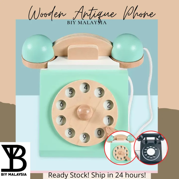 BIY MSIA Kids Wooden Playhouse Dial Telephone Toy Pretend Landline ...