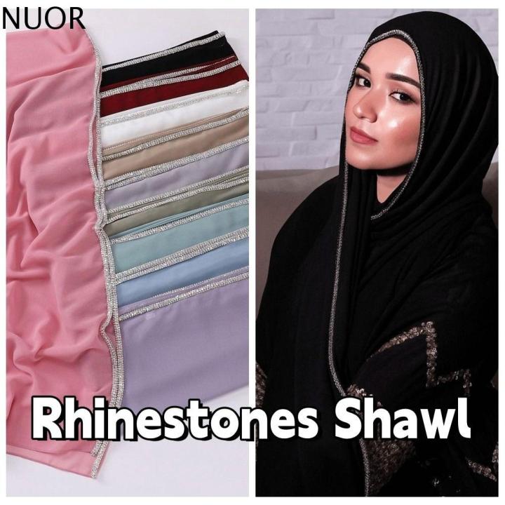NUOR ผ้าสีพื้น ผ้าพันคอสไตล์ชาติพันธุ์ ระยิบระยับ ขอบประดับด้วยคริสตัล ...