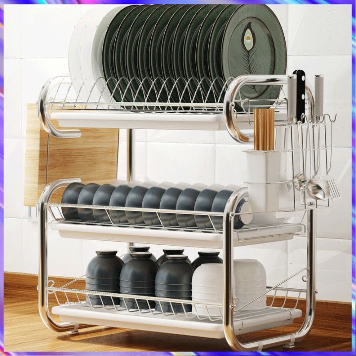 【Free Gift】3-Layer Stainless Steel Dish Rack Kitchen Storage Rack Drain ...