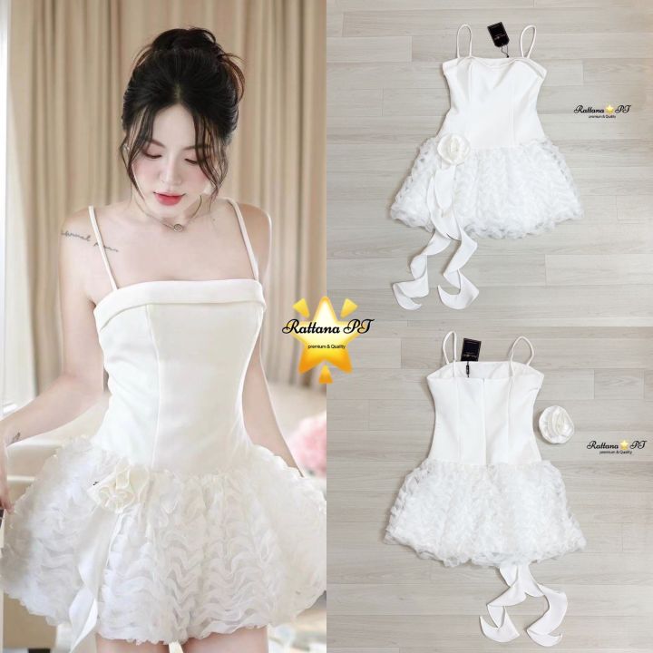 Rattana เดรส สายเดี่ยว แต่งกระโปรงฟรุ้งฟริ้ง สวยหรู น่ารักมาก ดอกไม้สามารถถอดออกได้ | Lazada.co.th