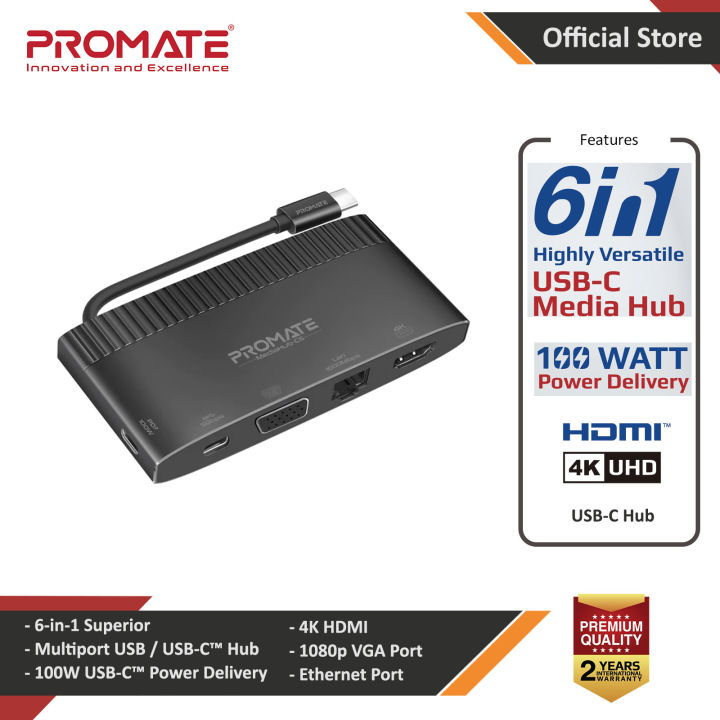 Promate MediaHub-C6 6-in-1 Type-C™ USB-C™ Hub Sync Charge Adapter with ...