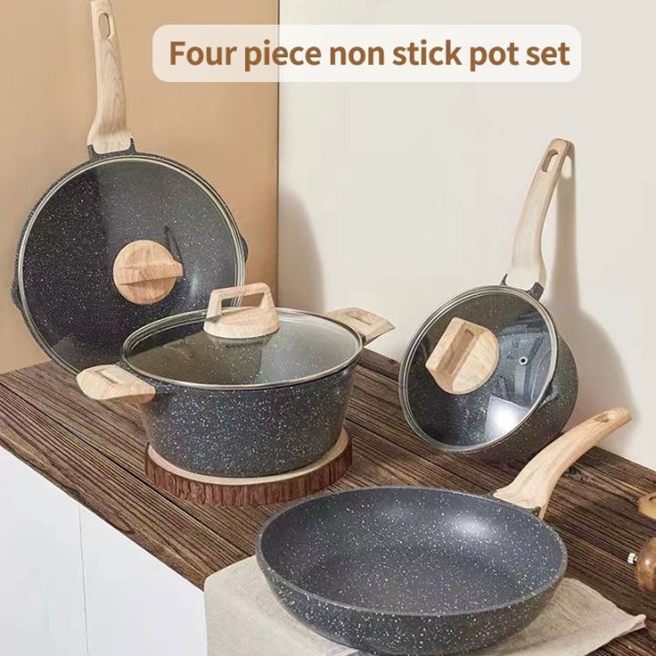 4pcs non stick pot set with lid frying pan stewing pot suitable for all ...