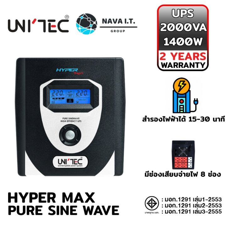UNITEC HYPER MAX-2000-PURESINE 2000VA 1400WATTS เครื่องสำรองไฟ รับประกัน 2 ปี | Lazada.co.th