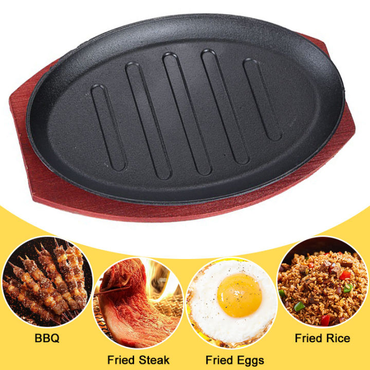 Oval Sizzling Plate with Wooden Base Non-Stick Grill Cookware Baking ...