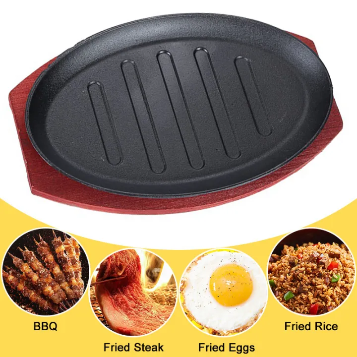 Oval Sizzling Plate with Wooden Base Non-Stick Grill Cookware Baking ...