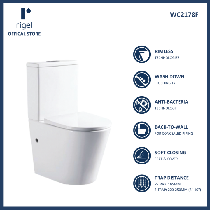 RIGEL Bathroom Rimless Closed Coupled Toilet Bowl WC2178F | Lazada