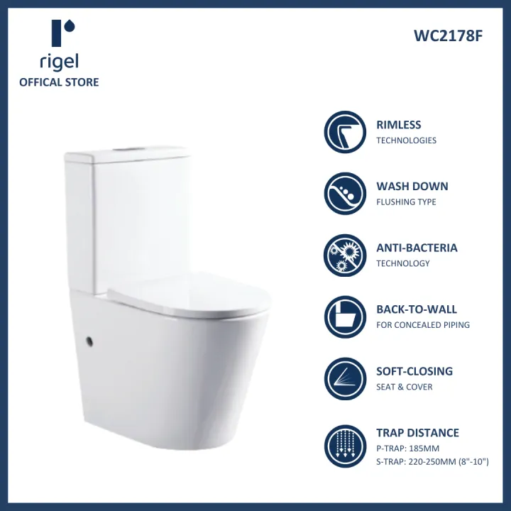 RIGEL Bathroom Rimless Closed Coupled Toilet Bowl WC2178F | Lazada