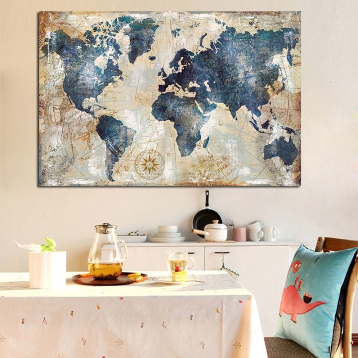 Vintage Watercolor World Map Painting Canvas Painting Poster and Print ...