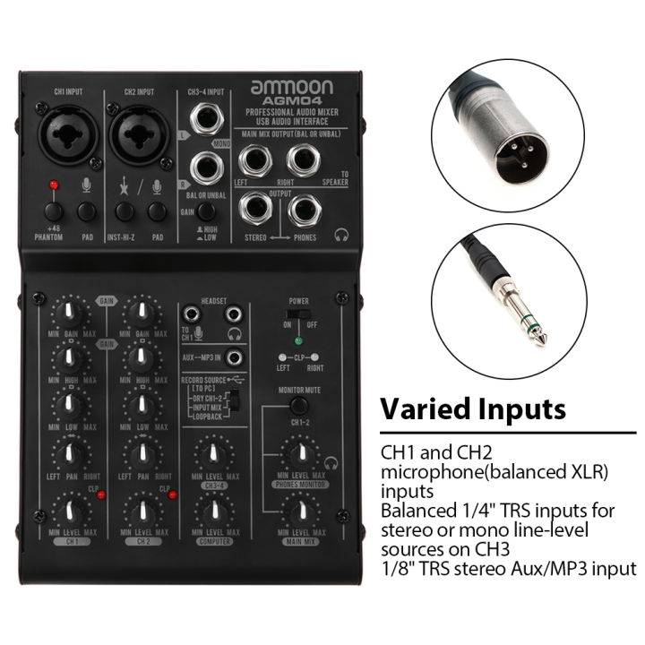 ammoon 4-Channel Mini Mixing Console Digital Audio Mixer 2-band EQ ...