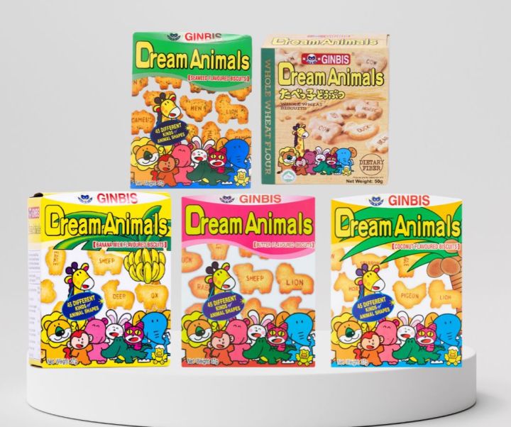Ginbis Dream Animals Biscuit 50g (Whole Wheat / Butter / Coconut / Seaweed / Banana Milk) | Lazada